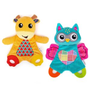 teytoy 2 pcs crinkle toys for baby with teether, baby teething sensory toys newborn bib saliva soother towel, soft snuggle sleeping security blanket for unisex babies 0-36 months gifts(owl and deer)