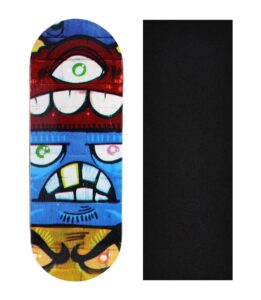 premium fingerboard graphic deck, stack 'em monsters - 34mm x 97mm - heat transfer graphics, pro shape & size - pre-drilled holes - includes prolific foam tape - teak tuning