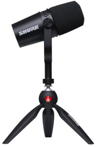 shure mv7 usb microphone with tripod, for podcasting, recording, streaming & gaming, built-in headphone output, all metal usb/xlr dynamic mic, voice-isolating technology, teamspeak certified - black