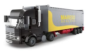 general jim's black semi truck building blocks set – 231mm highly detailed model - realistic black cab, gray and yellow trailer, mirrors, exhaust stack – perfect for hobbyists & train garden displays