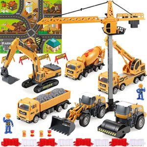 dolive construction site vehicles toy with mat, crane toy tractor, tower crane truck, dump trucks, excavator, cement mixer trucks, kids engineering playset for 3+ year olds boys girls