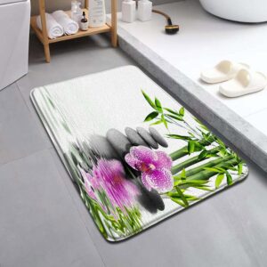 spa bathroom mat green bamboo leaves stone purple flower meditation zen garden spring scenery pattern flannel rugs bath kitchen doorway aisle cloth carpet home decor 17.71 x 29.52 inch