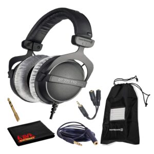 beyerdynamic dt 770 pro 250 ohm closed-back studio mixing headphones bundle with soft drawstring case, headphone splitter, 5ft extension cable, and 6ave cleaning cloth