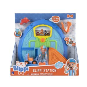 blippi wonders station playset - explore includes one station playset with 1 figure, 1 blippimobile, 2 vehicle add-ons,blue / orange