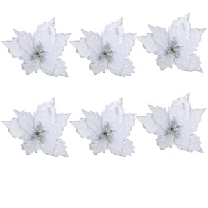 sucpur 6pcs christmas red poinsettia flower, 11 inch artificial glitter floral heads flower plastic diy garden velvet decoration wreath home artifical flowers, white, 210608qy01-5-6-10049-2006202041