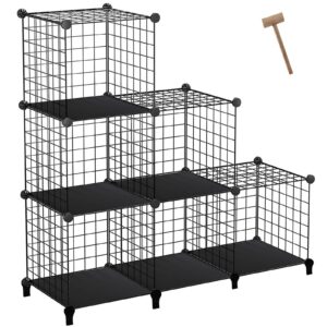 cedilis cube storage organizer, 6-cube wire storage shelves, metal grids book shelf bookcase, cube closet organizer, modular shelving units for living room, bedroom, home, office, black