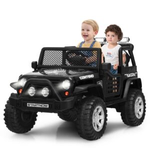 costzon 2-seater ride on truck, 12v battery powered electric vehicle w/remote control, 2 speeds, spring suspension, led light, horn, music/ mp3, 2 doors open, ride on car for kids (black)