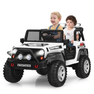 costzon 2-seater ride on truck, 12v battery powered electric vehicle w/remote control, 2 speeds, spring suspension, led light, horn, music/ mp3, 2 doors open, ride on car for kids (white)