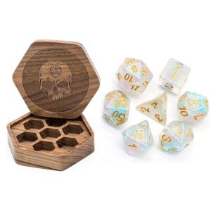 2 pack (a wooden dice set box and a 7pcs resin dnd dice set for dungeons and dragons)