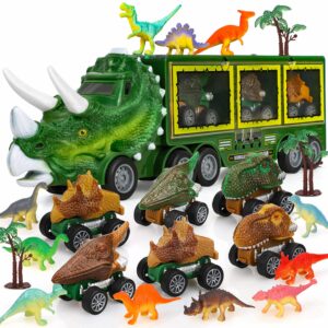 toy life dinosaur toys for kids 3-5 5-7, 21 pack dinosaur truck with 6 pull back dinosaur cars and dinosaur figure, toddler toys for boys and girls, dinosaur transport carrier truck for kids