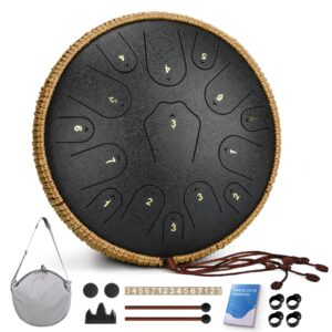 14 inch 15 note steel tongue drum qingshi percussion instrument hand pan drum with drum mallets carry bag，used for music education concert spiritual healing yoga meditation (14 inch 15 note-green)