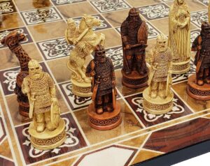 antique ivory & brown norse viking chess set with 17" burlwood color board