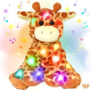 hopearl led musical stuffed giraffe lighting up singing plush toy adjustable volume lullaby animated soothe birthday festival for kids toddlers boys girls, orange, 11''