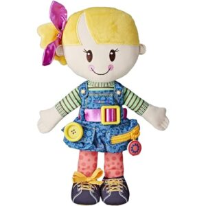 playskool dressy kids doll with blonde hair and bow, activity plush toy with zipper, shoelace, button, for ages 2 and up (amazon exclusive)