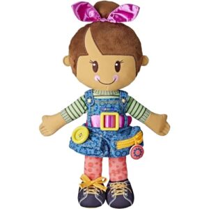 playskool dressy kids doll, brown hair and bow, activity plush toy with zipper, shoelace, button, for ages 2+ (amazon exclusive)