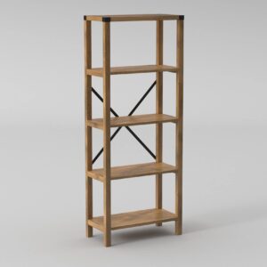 landia home etagere bookcase with 5 tier storage, metal plated top edges, industrial design, brown