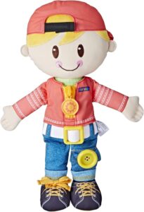 playskool dressy kids doll with blonde hair and hat, activity plush toy with zipper, shoelace, button, for kids ages 2 and up (amazon exclusive)