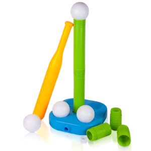 liberry adjustable t-ball set for kids and toddlers, includes kids baseball bat, adjustable height tee ball stand, 4 balls and weighted base, sports game toy gift for boys girls