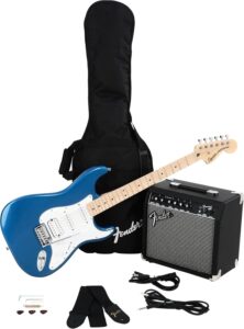 fender squier affinity series stratocaster electric guitar kit, with 2-year warranty, lake placid blue, maple fingerboard with frontman 15g amplifier, padded gig bag, instrument cable, and more