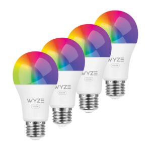 wyze bulb color, 1100 lumen wifi rgb and tunable white a19 smart bulb, works with alexa and google assistant, four-pack