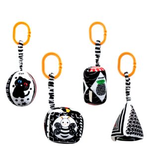 kakiblin baby hanging rattle toys, 4 pack black and white car seat baby toys soft squeaky stroller toy for baby montessori sensory toys 0-12 months for newborn infant, white and black