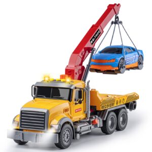 haomsj big tow trucks toy trucks with hook and car for boys pull back truck toys with light and sound for kids (1:18 plastic tow truck)