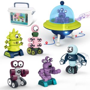 holyfun kid magnetic walking musical space toy with 35pcs stacking blocks building robot, storage box, stem educational electronic flying saucer and magnetic robot gift for children toddler boy girl