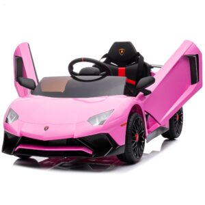 kidzone kids electric ride on 12v licensed lamborghini aventador battery powered sports car toy with 2 speeds, parent control, sound system, led headlights & hydraulic doors - pink