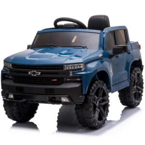 kidzone 12v battery powered licensed chevrolet silverado trail boss lt kids ride on truck car electric vehicle jeep with remote control, mp3, led lights - blue