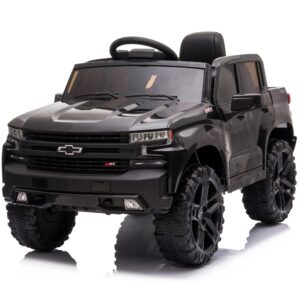 kidzone 12v battery powered licensed chevrolet silverado trail boss lt kids ride on truck car electric vehicle jeep with remote control, mp3, led lights - black