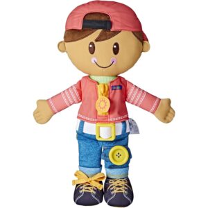 playskool dressy kids doll with brown hair and hat, activity plush toy with zipper, shoelace, button, for ages 2 and up (amazon exclusive)