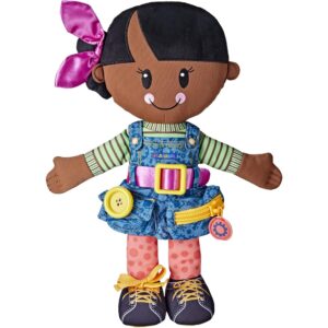 playskool dressy kids doll with black hair and bow, activity plush toy with zipper, shoelace, button, for ages 2 and up (amazon exclusive)