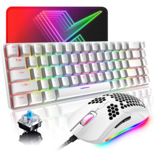 compact 60% mechanical gaming keyboard and mouse combo with ergonomic anti-ghosting 68 key rainbow rgb backlight 6400dpi honeycomb mice type-c wired for pc mac gamer office typist(white/blue switch)