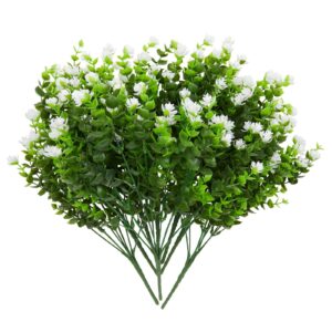 artificial outdoor flowers with eucalyptus leaves for gardens (white, 6 x 13.5 inches, 8 bundles)