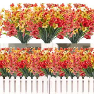 alagirls artificial plants & flowers outdoor uv resistant 12 bundles, plastic fake flowers for home garden patio decor, faux silk flowers for outdoor planters, hanging baskets, red yellow orange