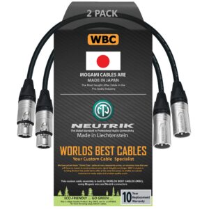 worlds best cables 2 units - 1.5 foot - balanced microphone cable custom made using mogami 2549 (black) wire and neutrik nc3mxx & nc3fxx silver xlr plugs