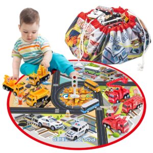 toddler toy cars-chibon 12pcs die-cast pull back car set with 2 in 1 collapsible toy cars storage playmat for kids,toddler truck toys w/fire truck, excavator，construction trucks