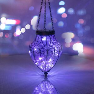 afirst hanging solar glass lanterns - glass solar lights with hook drop shape handblown with 20 led fairy string lights decor for yard tree fence patio