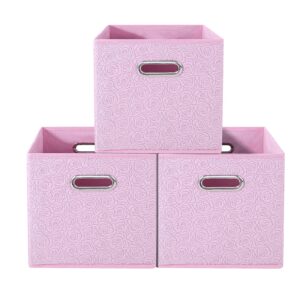 anminy 3pcs storage cubes set romantic rose print large storage bins boxes baskets non-woven fabric with handles desktop closet shelf foldable organizer container for home office 11"x 11"x 11" - pink