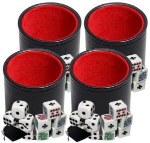 cyber-deals black pu leather red felt lined dice cup with white poker & pip dice in storage pouch set (4 sets)