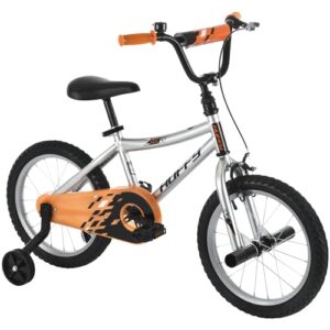 huffy zrx 16" kids bike, ideal for ages 3 to 5 years old, front pegs, bmx style handlebar, quick connect assembly, designed for growth, durable steel frame, enclosed chain guard, silver