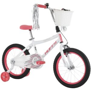 huffy zazzle 16" kids bike, ideal for ages 3 to 5 years old, front basket, shimmering streamers, removable training wheels, fun and playful design, designed for growth, quick connect assembly, white