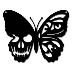 creatcabin skull metal wall art butterfly decor wall hanging plaques ornaments iron wall art sculpture sign for indoor outdoor home livingroom kitchen garden office decoration gift black 6.3 x 7.9inch