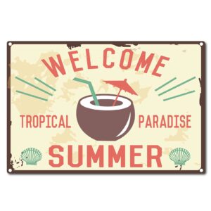 creatcabin retro vintage tin sign welcome summer tropical paradise metal wall decor decoration art mural for outdoor pool home bathroom garden kitchen bar pub garage poster plaque 12 x 8inch