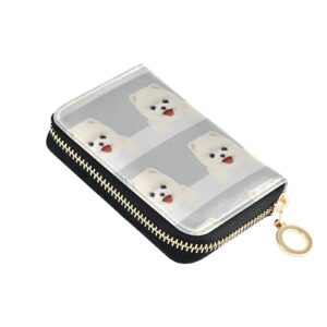 pomeranian dog face heads seamless on white greygrey credit card coin wallet, rfid blocking compact women leather card holder, key change organizer, zipper purse clutch pouch pocket