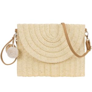 straw shoulder bag straw clutch straw crossbody bag handmade straw beach bag for women envelope purse wallet with hand-woven pompom (creamy white)