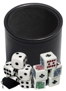 cyber-deals black pu leather black felt lined dice cup with white poker (clubs ace) & pip dice in storage pouch set (1 set)