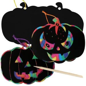 lucleag halloween scratch art paper crafts kit, 36 pieces rainbow halloween pumpkins for halloween decoration halloween colorful diy pumpkins ornaments, include 36 ribbons and 24 sticks