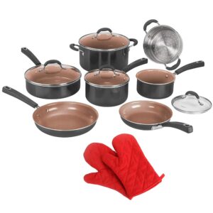 cuisinart 54ccp-11bk 11pc ceramica xt non-stick cookware set bundle with deco chef pair of red heat resistant oven mitt