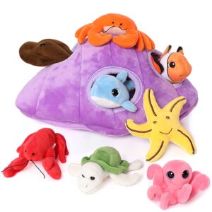 muiteiur plush soft ocean animals set with plush sea shell house includes stuffed turtle, lobster, crab, dolphin, devil fish, octopus, starfish, clownfish (multicolor,8 piece)